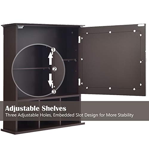DORTALA Bathroom Wall Storage Cabinet, Mirror Cabinet Organizer, Wooden Hanging Medicine Cabinet Organizer w/Adjustable Shelf & 3 Open Compartments, Brown