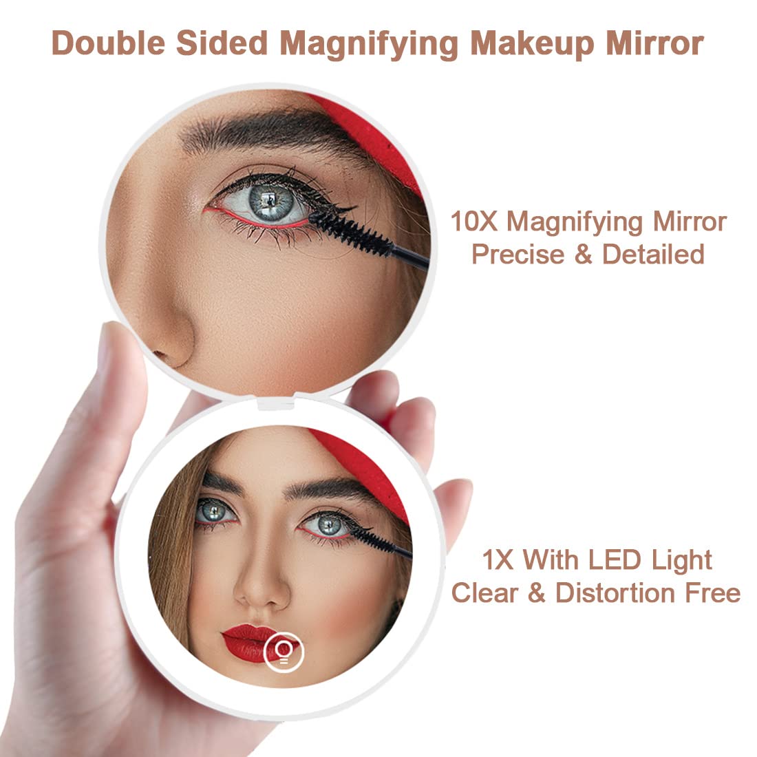 Kilobey Compact Mirror with Light, LED Lighted Travel Makeup Mirror 1x/10x Magnifying Mirror Rechargeable Portable Pocket Mirror 3.5in Double Sided Folding Round Mirror for Handbag, Purse