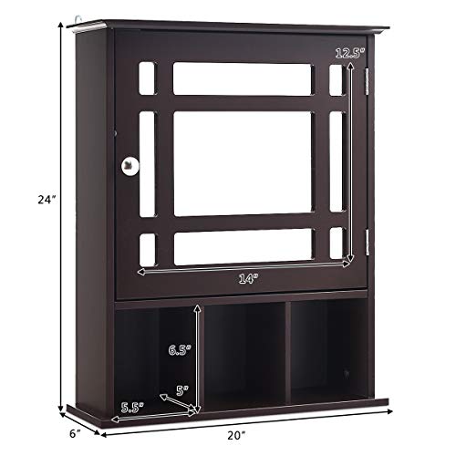 DORTALA Bathroom Wall Storage Cabinet, Mirror Cabinet Organizer, Wooden Hanging Medicine Cabinet Organizer w/Adjustable Shelf & 3 Open Compartments, Brown