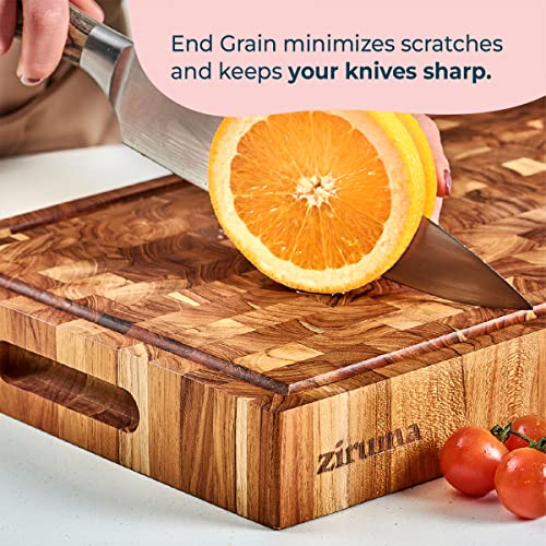 End Grain Butcher Block Cutting Board [2" Thick] Made of Teak Wood and Conditioned with Beeswax, Linseed & Lemon Oil. 17" x 11" by Ziruma