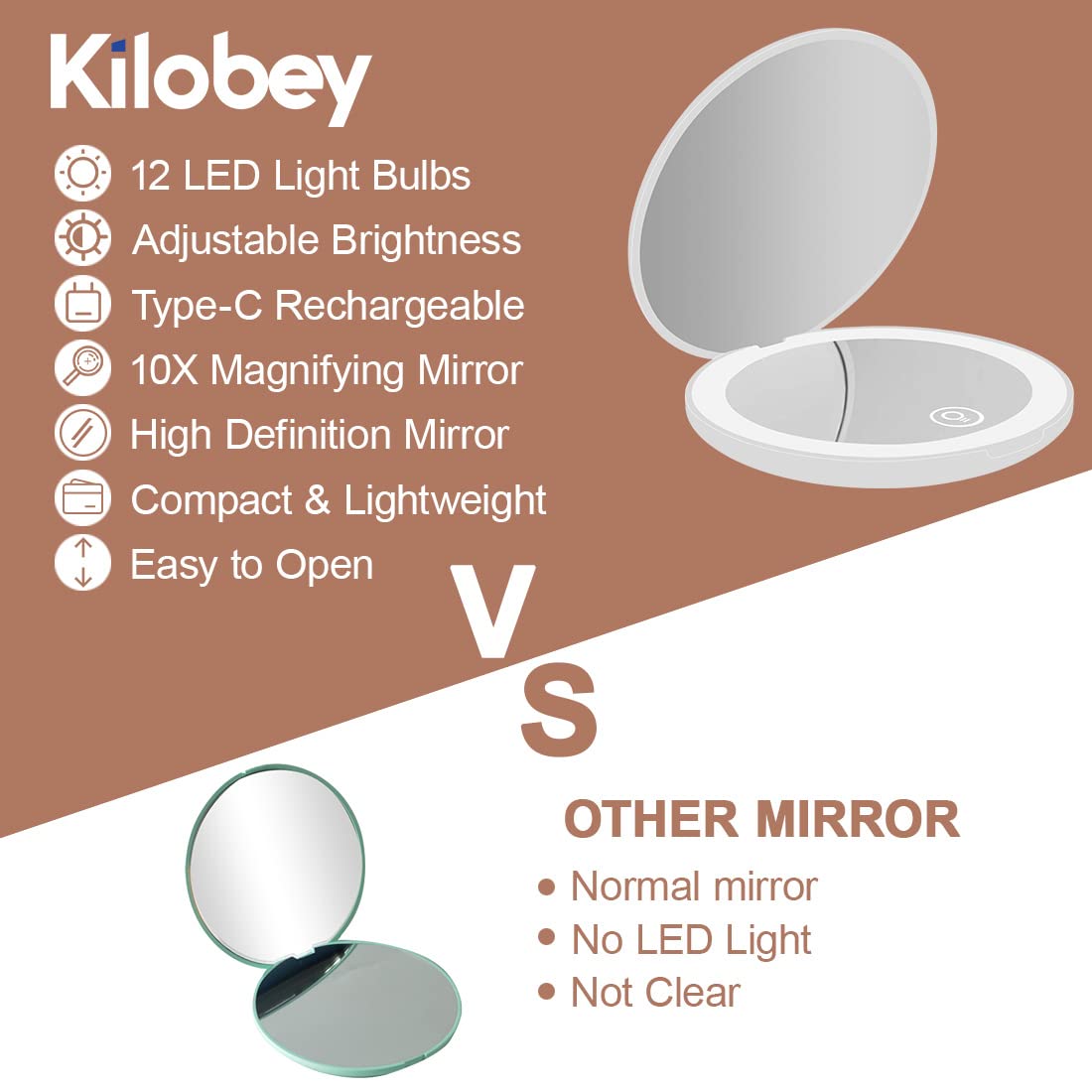 Kilobey Compact Mirror with Light, LED Lighted Travel Makeup Mirror 1x/10x Magnifying Mirror Rechargeable Portable Pocket Mirror 3.5in Double Sided Folding Round Mirror for Handbag, Purse