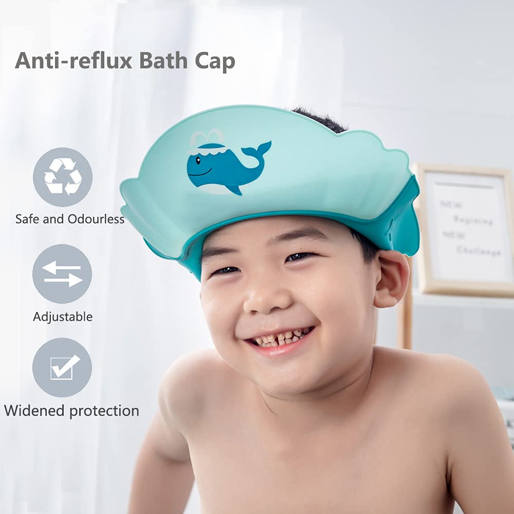 BORNINX Baby Shower Cap Silicone Bathing Hat Hair Washing Hat Waterproof Shampoo hat .Adjustable Shower Cap for Toddler Children(Seawater Blue,Head Circumference 15-24inch)