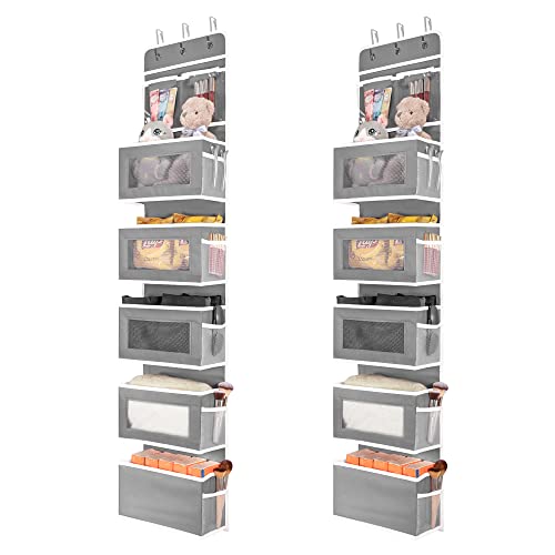 JARLINK 2 Pack 6-Shelf Over Door Hanging Organizer, Wall Mount Storage for Bedroom or Kitchen, Clear Window and PVC Pocket for Storage Cosmetics, Stationery, Sundries, etc (Grey)