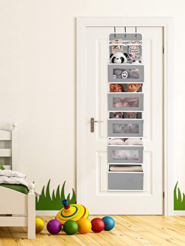 JARLINK 2 Pack 6-Shelf Over Door Hanging Organizer, Wall Mount Storage for Bedroom or Kitchen, Clear Window and PVC Pocket for Storage Cosmetics, Stationery, Sundries, etc (Grey)