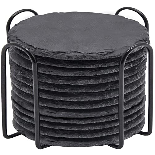 Slate Coasters with Holder, MAPRIAL 4 Inch 12 Pieces Round Black Slate Stone DIY Coasters with Anti-Scratch Backing for Bar, Kitchen, Home Decor