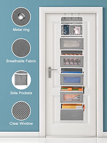 JARLINK 2 Pack 6-Shelf Over Door Hanging Organizer, Wall Mount Storage for Bedroom or Kitchen, Clear Window and PVC Pocket for Storage Cosmetics, Stationery, Sundries, etc (Grey)