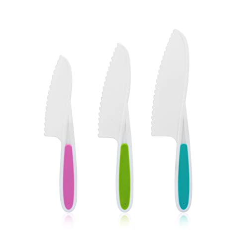 KUFUNG Kids Knife Set, 3 Piece Nylon Kitchen Baking Knife Set for Cooking and Cutting Fruits, Bread, Lettuce, Veggies Cake, Plastic Toddler Knife Set for Little Hands, Fun Safe Knife (Multicolor2, S)