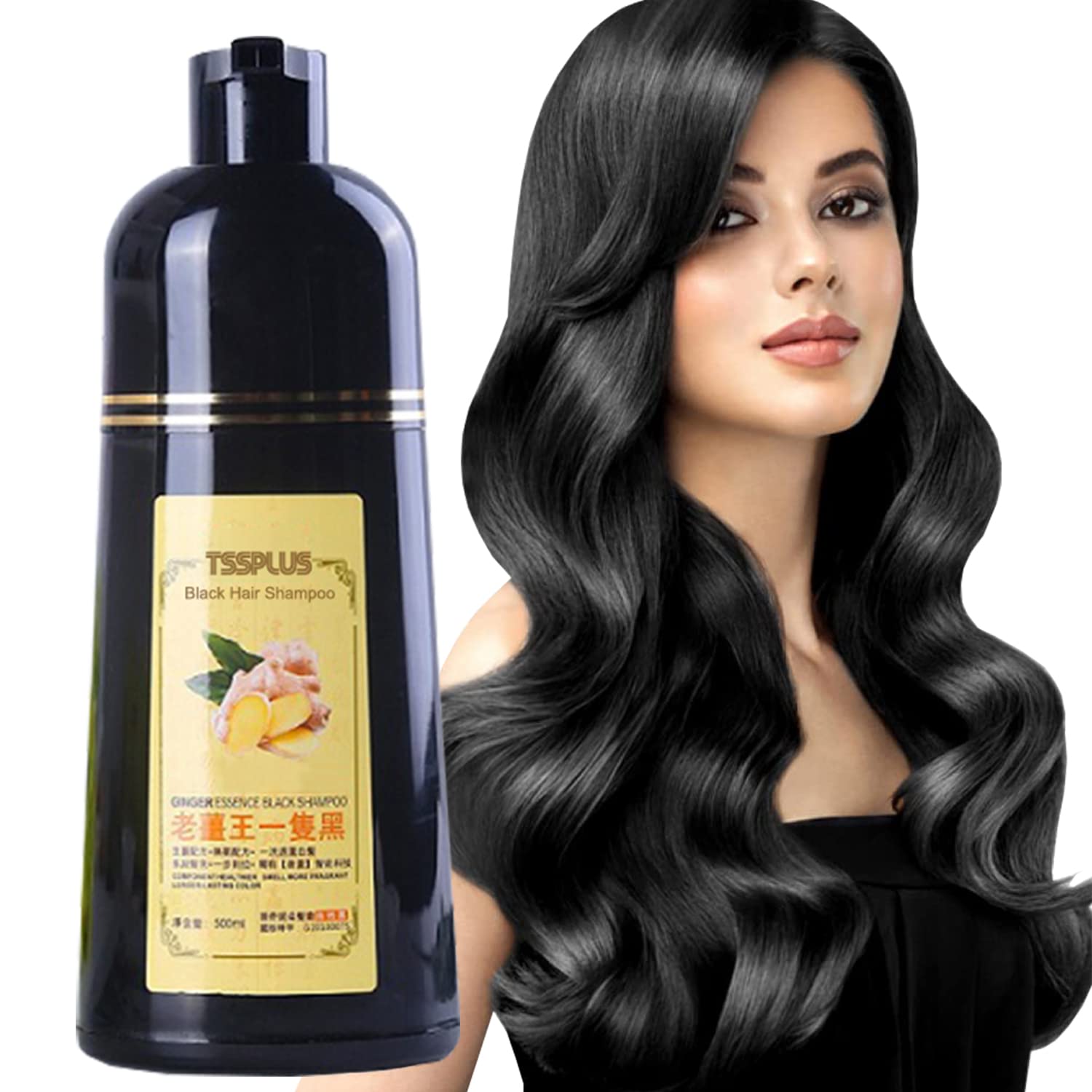 TSSPLUS Hair Dye Shampoo 3 in 1, Ginger Essence Black Hair Dye 16.9 Fl Oz, Black Hair Shampoo, Semi-Permanent Hair Color For Men and Women, 100% Gray Hair Coverage, Safe and Hair herbal shampoo