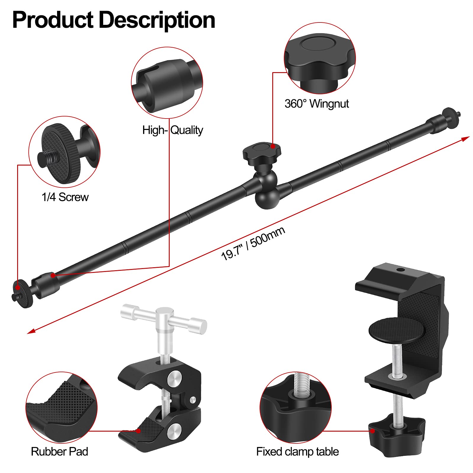 Toolour Magic Arm Camera Mounts Clamps w/ 1/4" and 3/8" Thread, 19.7” Adjustable Friction Power Articulating Arm with 2.6" Super Clamp for LCD Monitor/LED Light/Camera Video Rig/Smartphone