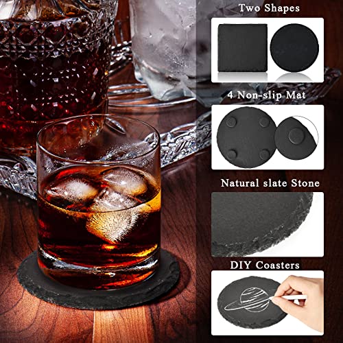 Slate Coasters with Holder, MAPRIAL 4 Inch 12 Pieces Round Black Slate Stone DIY Coasters with Anti-Scratch Backing for Bar, Kitchen, Home Decor