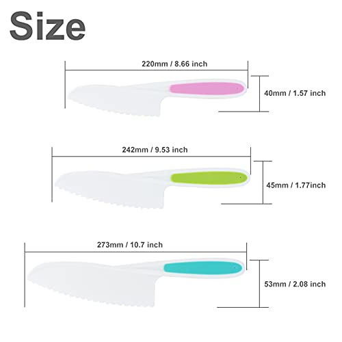 KUFUNG Kids Knife Set, 3 Piece Nylon Kitchen Baking Knife Set for Cooking and Cutting Fruits, Bread, Lettuce, Veggies Cake, Plastic Toddler Knife Set for Little Hands, Fun Safe Knife (Multicolor2, S)