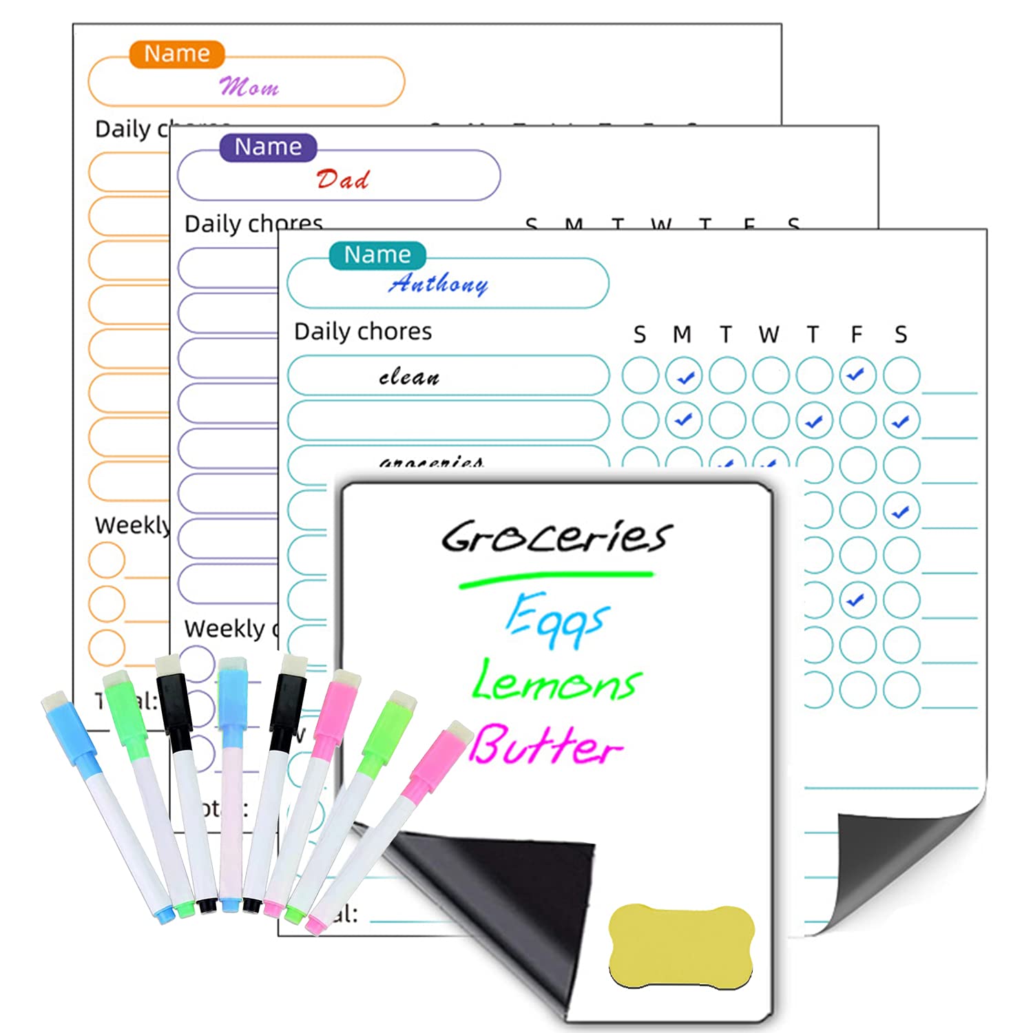 Magnetic Behavior Chore Chart for Kids 3 Pcs Dry Erase Behavior Charts Blank Charts Colored Markers Daily Responsibility Rewards Whiteboard for Refrigerator School Housework Distribution Sheet