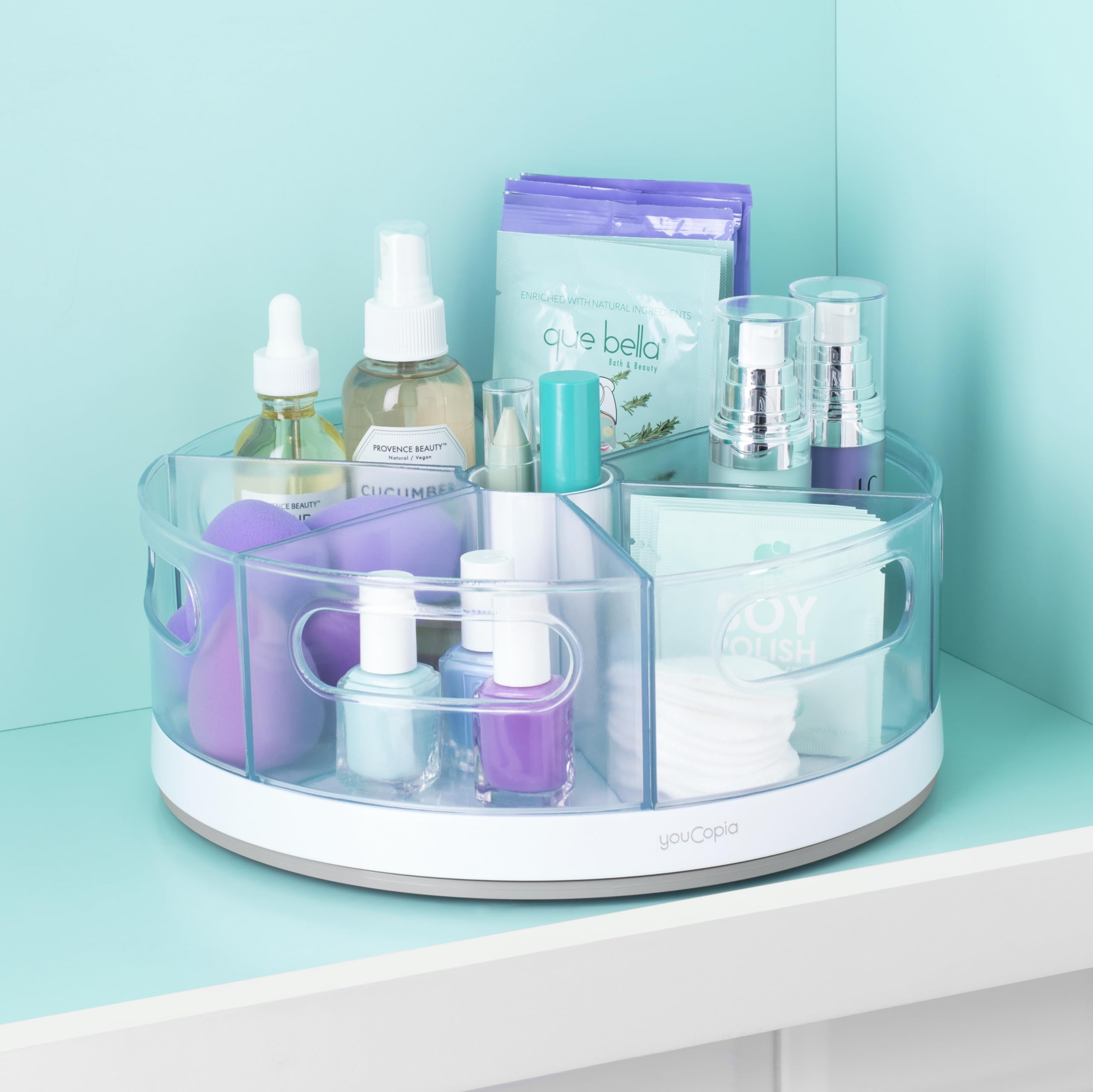 YouCopia Crazy Susan Lazy Susan Organizer, 6 BPA-Free Removable Clear Bins with Handles, Rotating Storage Turntable for Kitchen Cabinet, Pantry and Bathroom Organization,White