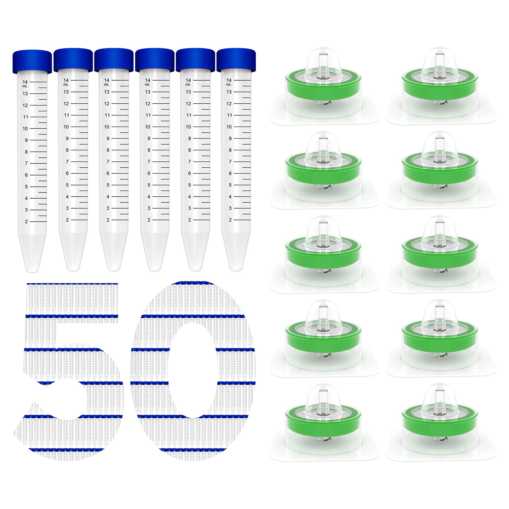 Membrane Solutions 15mL Centrifuge Tubes (Pack of 50) and (Pack of 10) Pack Filter Sterile PES Hydrophilic Filtration 0.22um Pore Size, 33mm Membrane Diameter
