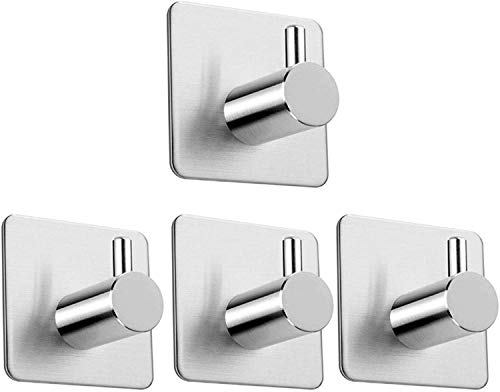 Self Adhesive Hooks 4 Pack, Brushed Stainless Steel Adhesive Door Hooks, Coat Hooks,Towel Hooks, Anti-Rust Waterproof Sticky Hooks for Kitchen Bathroom Office Toilet, No Drill Glue Needed