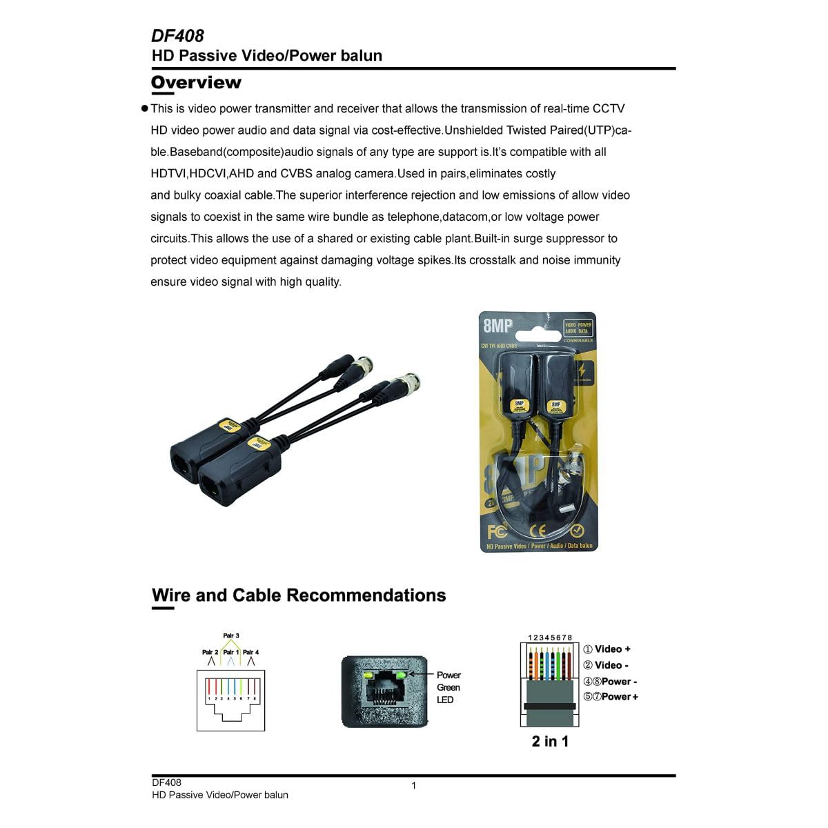 5 Pairs 8MP/4K Passive HD BNC Video Power Balun Transceiver Transmitter Via UTP RJ45 Cable AHD/TVI/CVI/CVBS Cable Connectors for 720P/960P/1080P/3MP/5MP/8MP CCTV Security Cameras