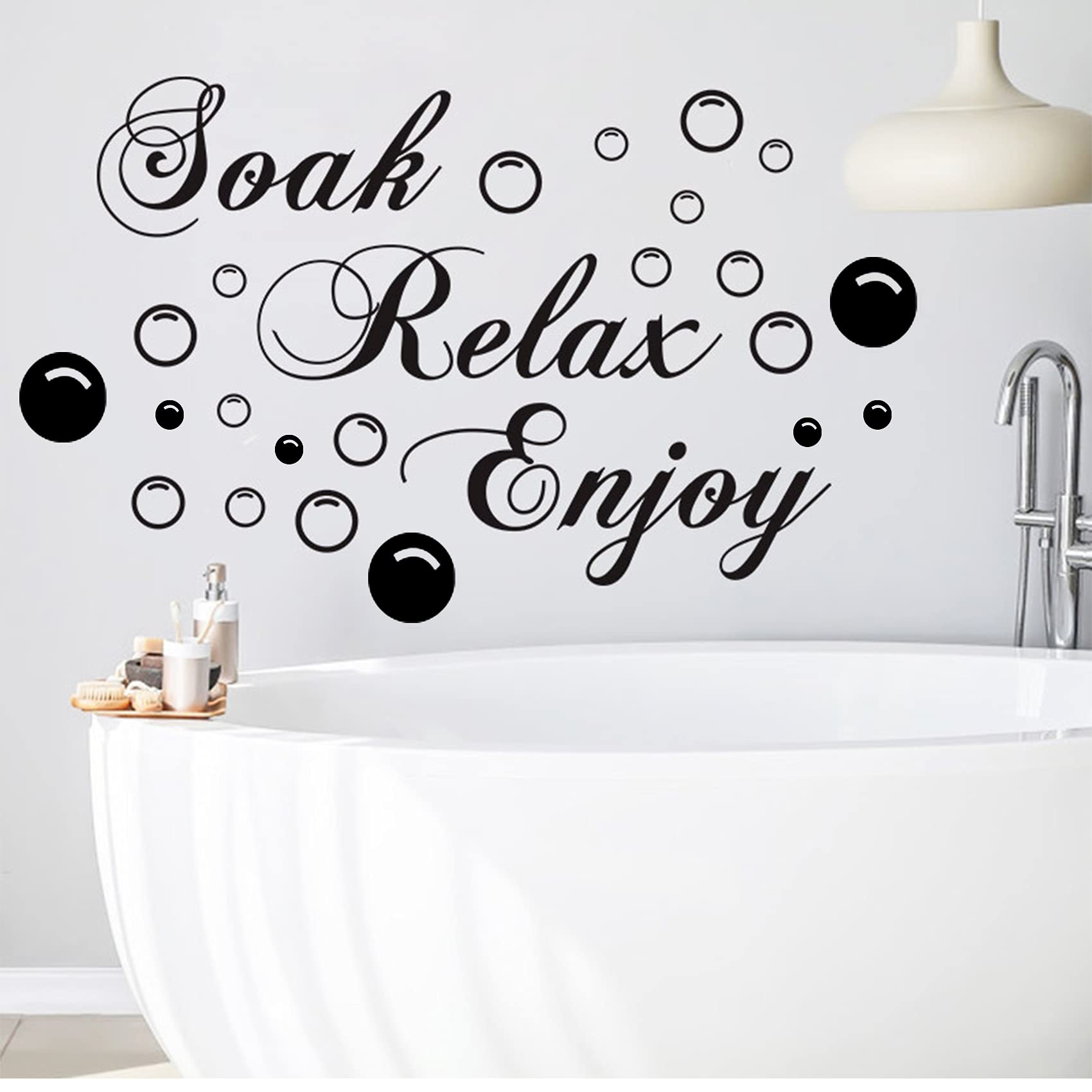 Bathroom Wall Stickers, Black Soak Relax Enjoy Quotes Stickers with Bubble Decals, Beautiful Wall Art Words Peel and Stick Stickers for Home Bathroom Decor