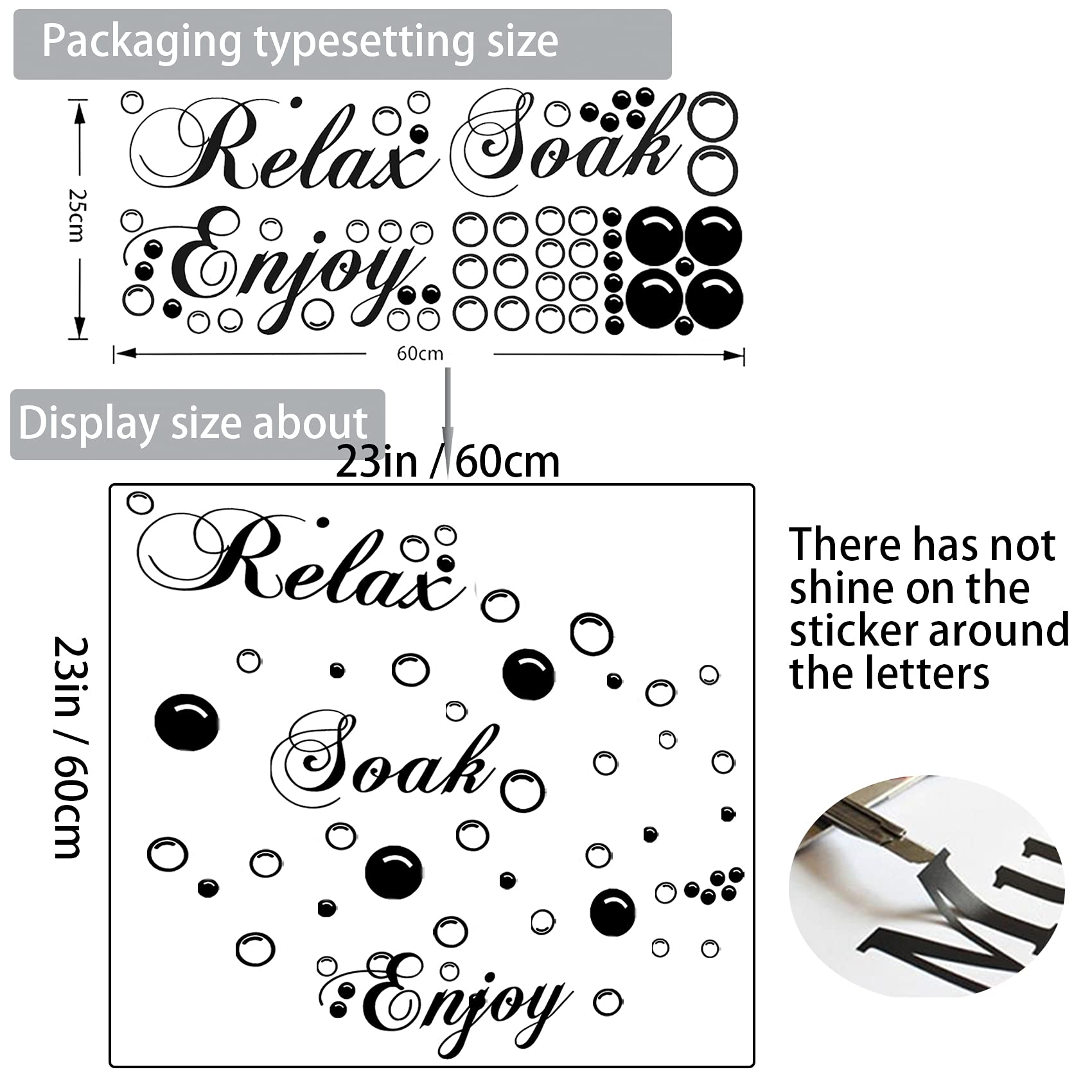 Bathroom Wall Stickers, Black Soak Relax Enjoy Quotes Stickers with Bubble Decals, Beautiful Wall Art Words Peel and Stick Stickers for Home Bathroom Decor