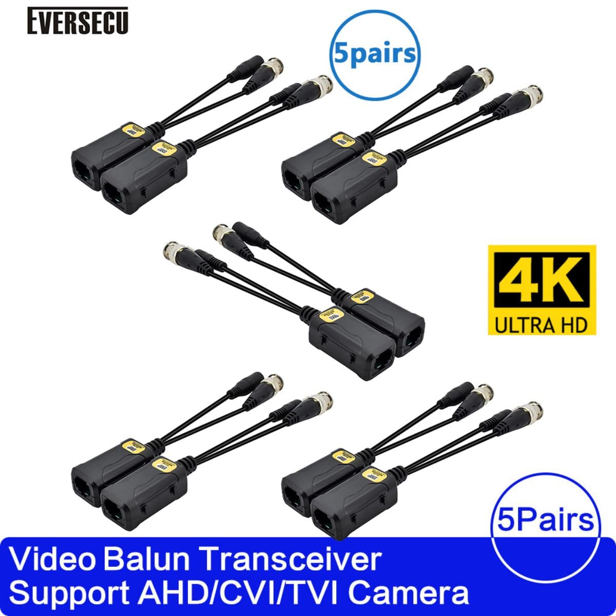 5 Pairs 8MP/4K Passive HD BNC Video Power Balun Transceiver Transmitter Via UTP RJ45 Cable AHD/TVI/CVI/CVBS Cable Connectors for 720P/960P/1080P/3MP/5MP/8MP CCTV Security Cameras
