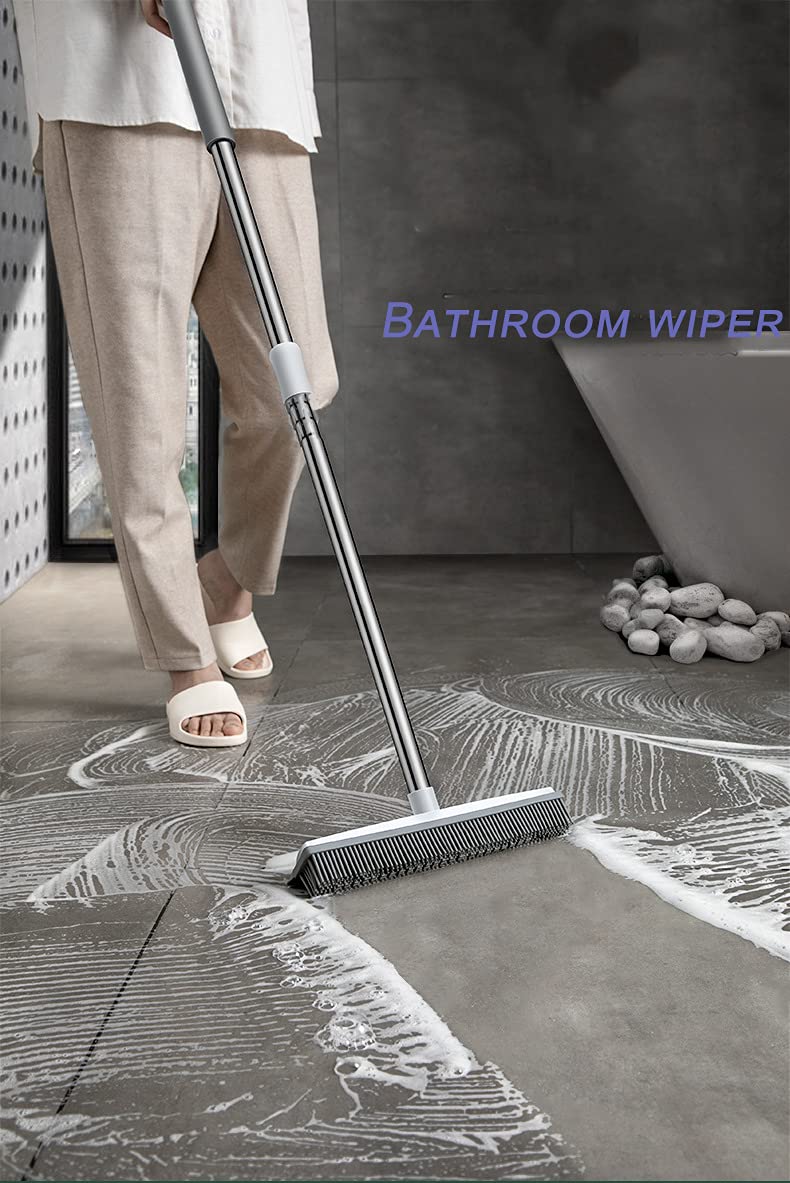pet Hair Removal Broom Rubber Broom 66 inches Extended 2-in-1 Carpet rake with Scraper 4 Sections Stainless Steel Handle to Clean Hardwood Floor Bathroom Wipe