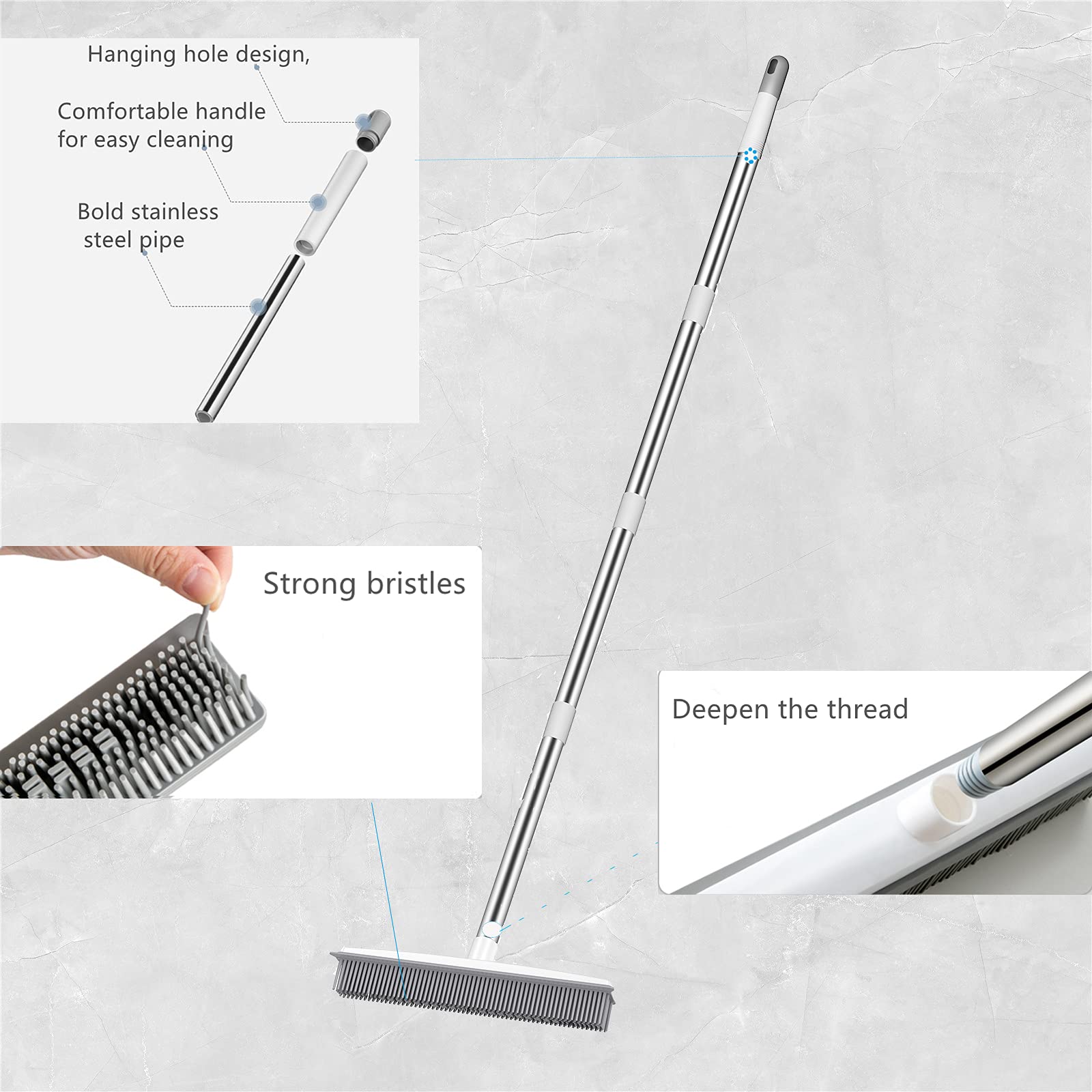 pet Hair Removal Broom Rubber Broom 66 inches Extended 2-in-1 Carpet rake with Scraper 4 Sections Stainless Steel Handle to Clean Hardwood Floor Bathroom Wipe