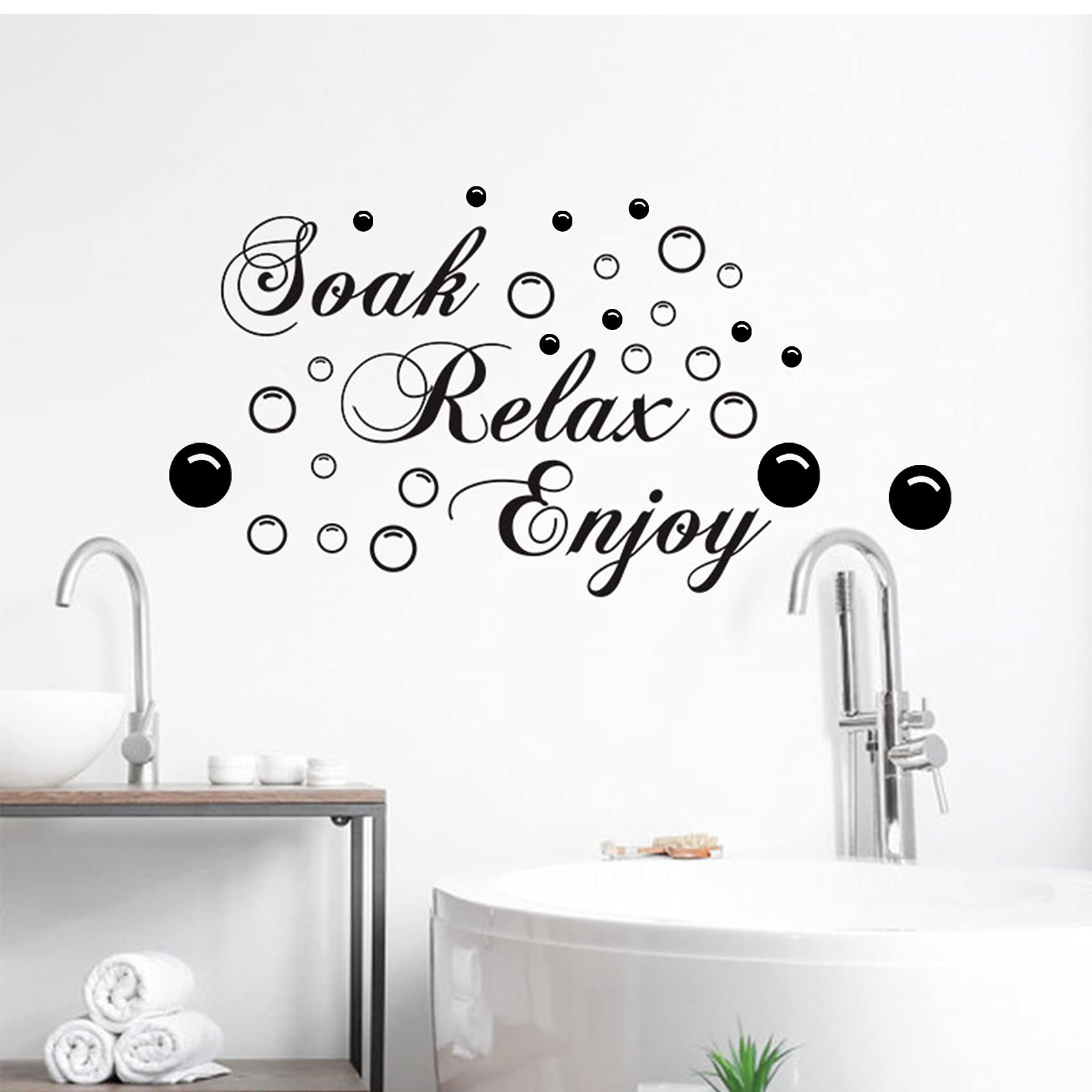 Bathroom Wall Stickers, Black Soak Relax Enjoy Quotes Stickers with Bubble Decals, Beautiful Wall Art Words Peel and Stick Stickers for Home Bathroom Decor