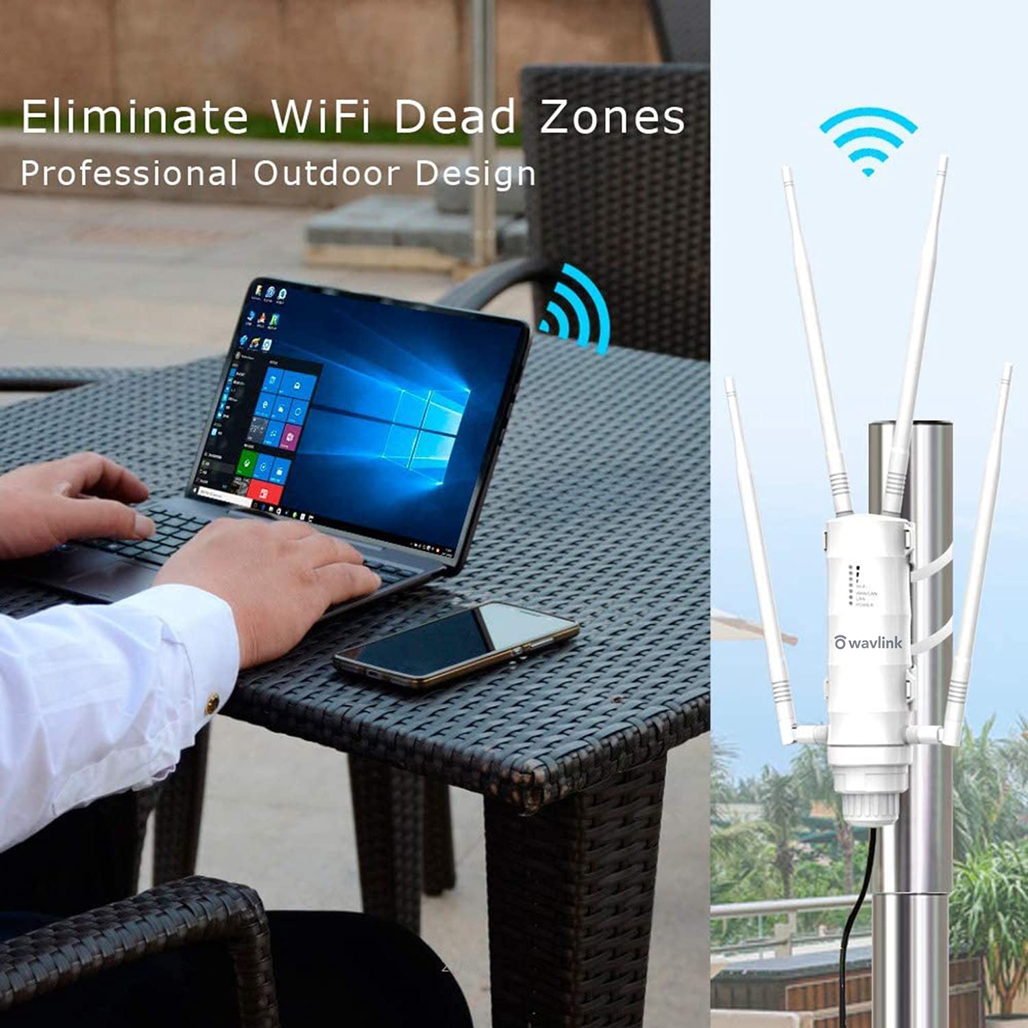 AC1200 Long Range Outdoor WiFi Extender Weatherproof with Ethernet Port & 4-Antenna, Dual-Band 2.4+5G 1200Mbps Outside PoE Access Point/Wireless Repeater/Internet Booster Network Amplifier (WN572HP3)