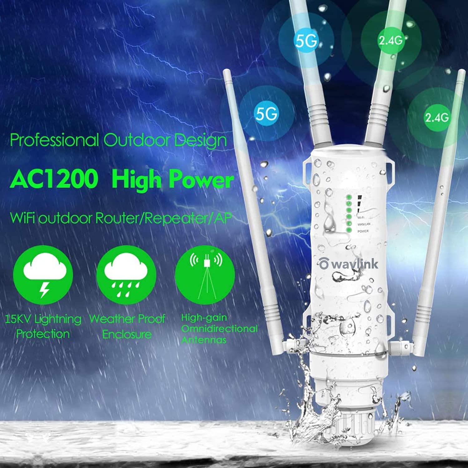AC1200 Long Range Outdoor WiFi Extender Weatherproof with Ethernet Port & 4-Antenna, Dual-Band 2.4+5G 1200Mbps Outside PoE Access Point/Wireless Repeater/Internet Booster Network Amplifier (WN572HP3)
