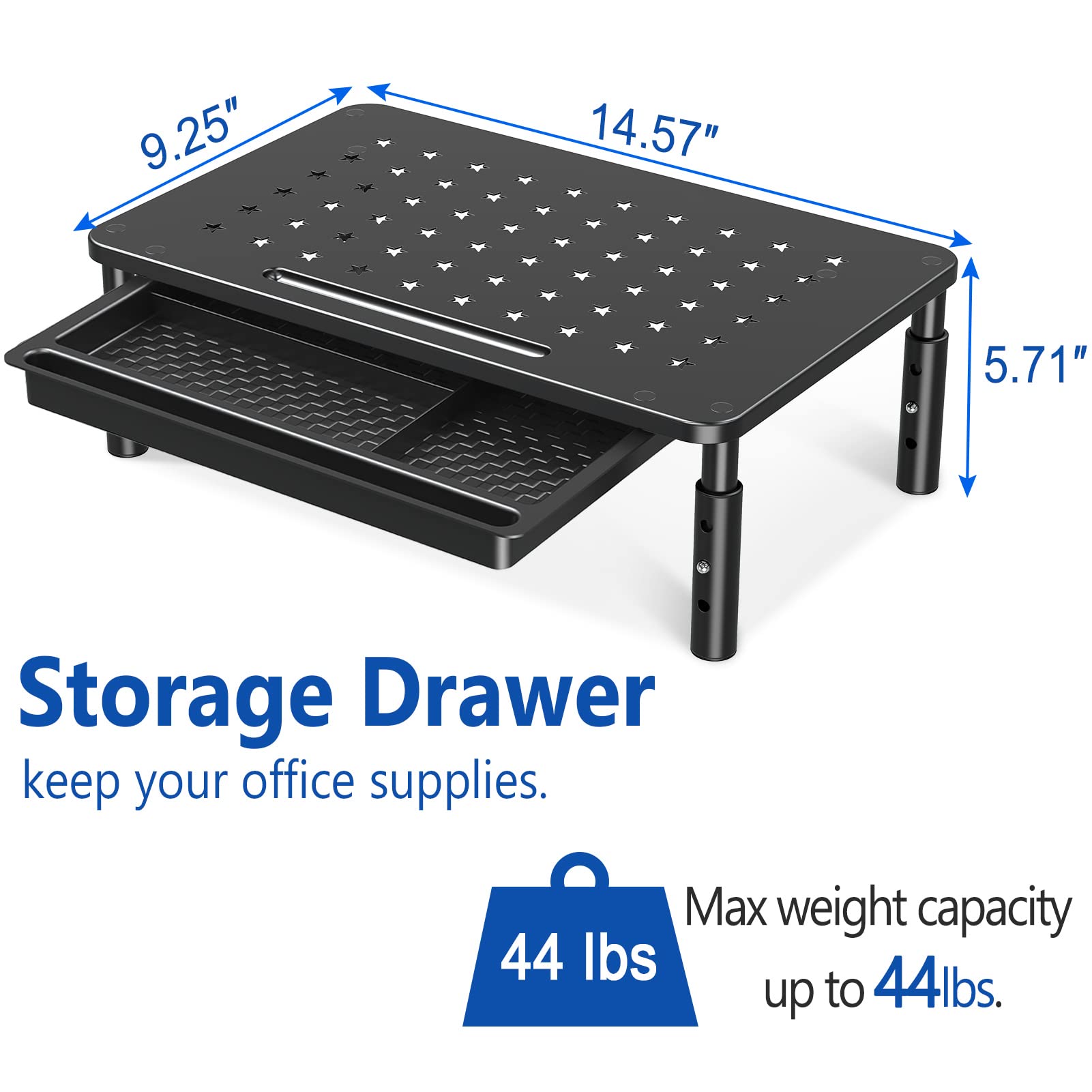 Zimilar Monitor Stand Riser with Drawer - 3 Height Adjustable Monitor Stand with Unique Star Mesh, Metal Monitor Riser for Computer Laptop Notebook Printer