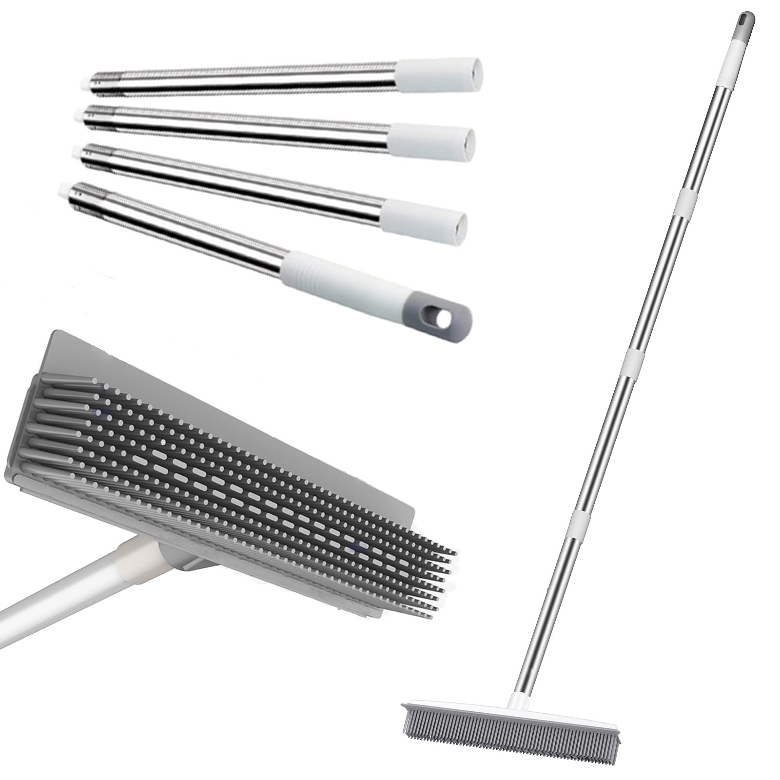 pet Hair Removal Broom Rubber Broom 66 inches Extended 2-in-1 Carpet rake with Scraper 4 Sections Stainless Steel Handle to Clean Hardwood Floor Bathroom Wipe