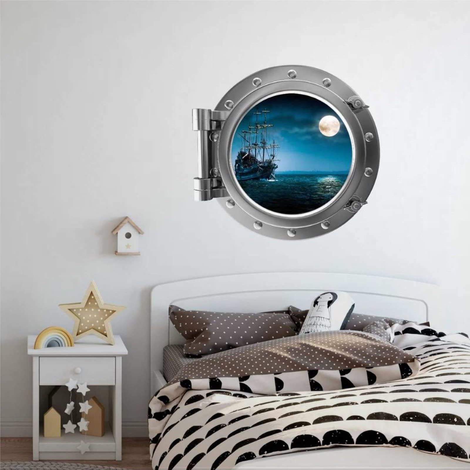 Port Scape Ship In Moonlight Porthole Wall Sticker Graphic Decal Sea Pirates Of The Carribean Window View Kids Game Room Decor Art Wall Decals Stickers wall art Vinyl Sticker for Kids Room,18'' ae423