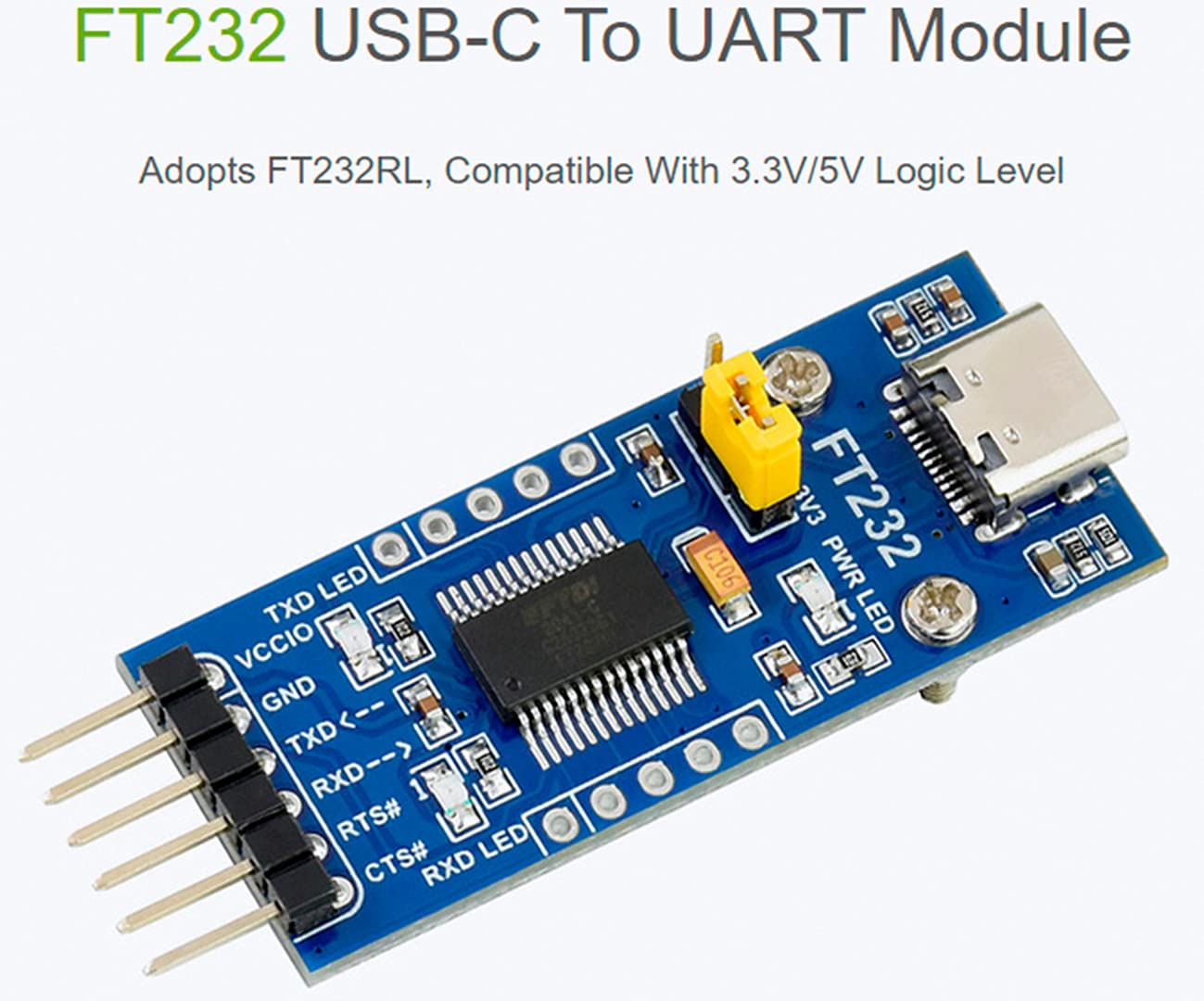 waveshare FT232 USB-C to UART (TTL) Communication Module USB-Type C Connector, Compatible with 3.3V/5V Logic Level, Support Linux Android Wince Windows 7/8/8.1/10/11, etc.