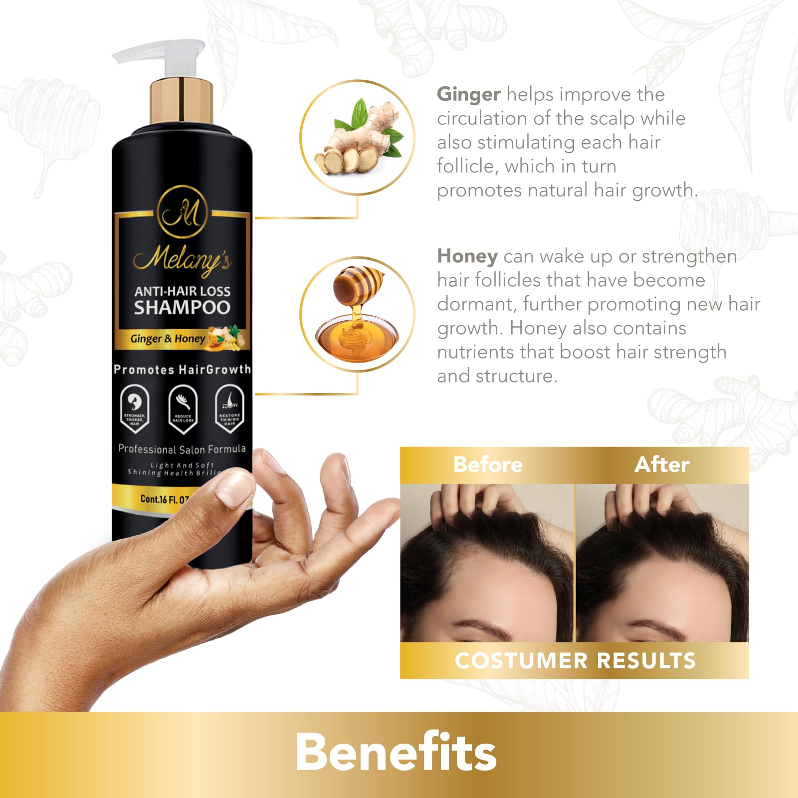 Melany's Natural Herb Ginger Honey Shampoo 16 OZ