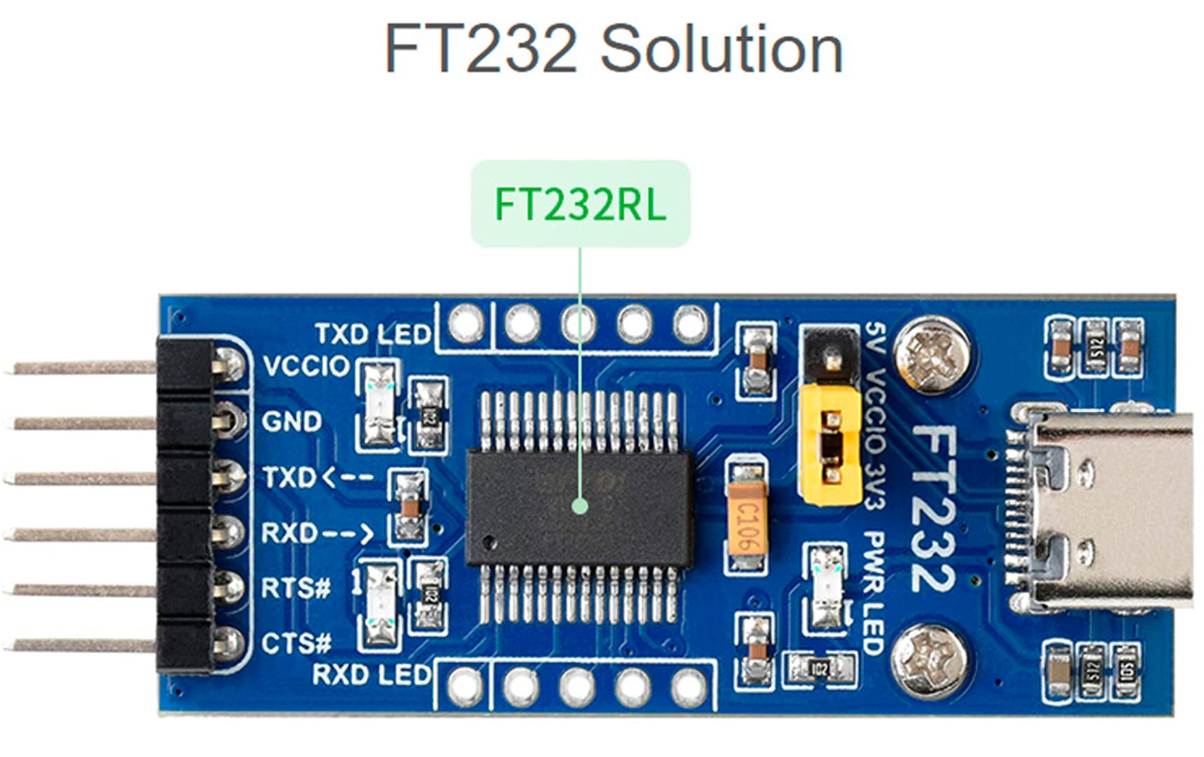 waveshare FT232 USB-C to UART (TTL) Communication Module USB-Type C Connector, Compatible with 3.3V/5V Logic Level, Support Linux Android Wince Windows 7/8/8.1/10/11, etc.