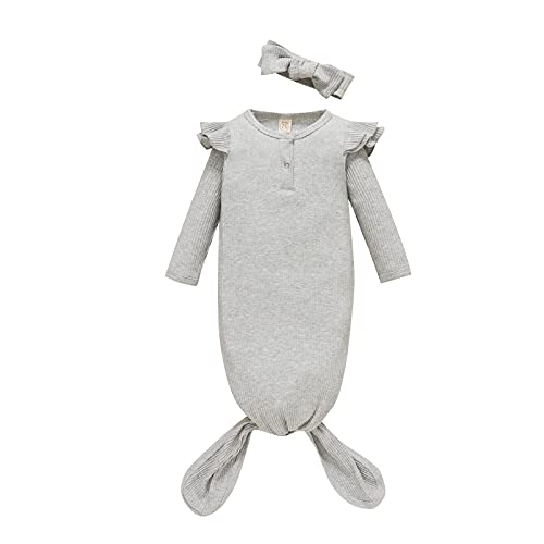 Twopumpkin Baby Girl Boy Coming Home Knotted Gown Unisex Newborn Infant Sleep Onesie Outfit Cute Baby Winter Pajamas (E Ruffle Ribbed Gray, 0-3 Months)
