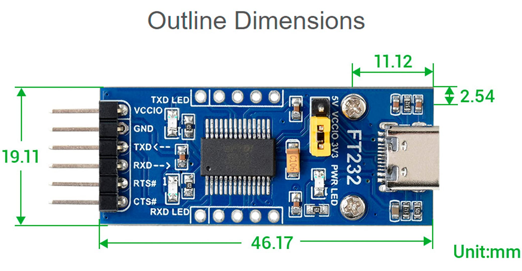 waveshare FT232 USB-C to UART (TTL) Communication Module USB-Type C Connector, Compatible with 3.3V/5V Logic Level, Support Linux Android Wince Windows 7/8/8.1/10/11, etc.
