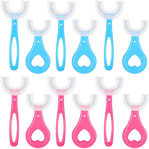 12 Pieces Kids U Shaped Toothbrush 360 Degree Toddler Whole Mouth Toothbrush Oral Teeth Cleaning Soft Silicone Massage Toothbrush with Handle for Kids Baby Toddler Boys Girls, 2 Sizes