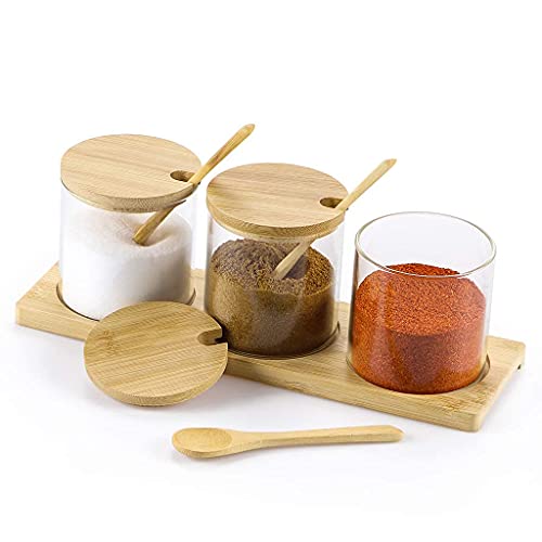 MDLUU Condiment Jars with Bamboo Lids and Spoons, Seasoning Box Set with Bamboo Tray, Spice Containers for Sugar, Salt, Pepper, 300ml/10oz, Pack of 3