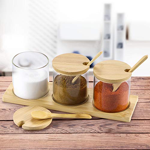 MDLUU Condiment Jars with Bamboo Lids and Spoons, Seasoning Box Set with Bamboo Tray, Spice Containers for Sugar, Salt, Pepper, 300ml/10oz, Pack of 3