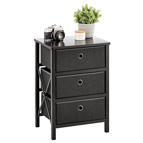 mDesign 3 Drawer Foldable Dresser Storage Unit - Wood Frame, Easy Pull Fabric Bins - Farmhouse Organizer Unit for Household Storage Bedroom, Hallway, Entryway, Closets - Black