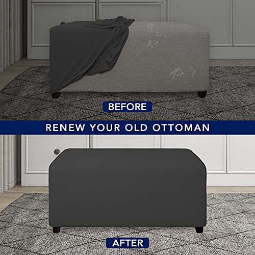 PureFit Super Stretch Soft Form Fit Ottoman Cover Rectangle - Ottoman Slipcovers for Foot Stool & Folding Storage Furniture for Living Room with Nonslip Elastic Bottom (Large, Dark Gray)