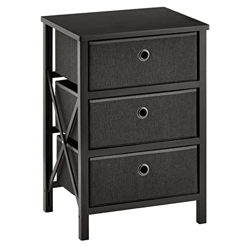 mDesign 3 Drawer Foldable Dresser Storage Unit - Wood Frame, Easy Pull Fabric Bins - Farmhouse Organizer Unit for Household Storage Bedroom, Hallway, Entryway, Closets - Black