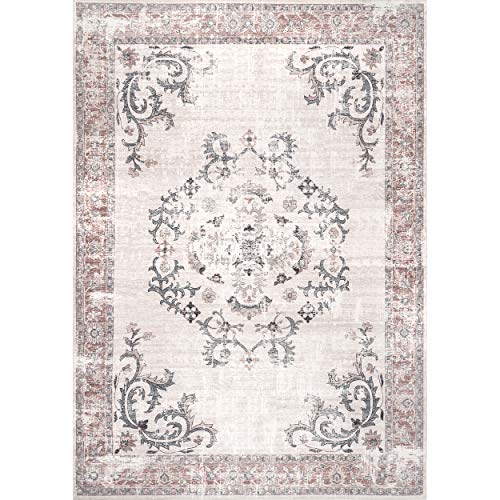 nuLOOM Layna Machine Washable Distressed Vintage Area Rug, 4' x 6', Light Grey