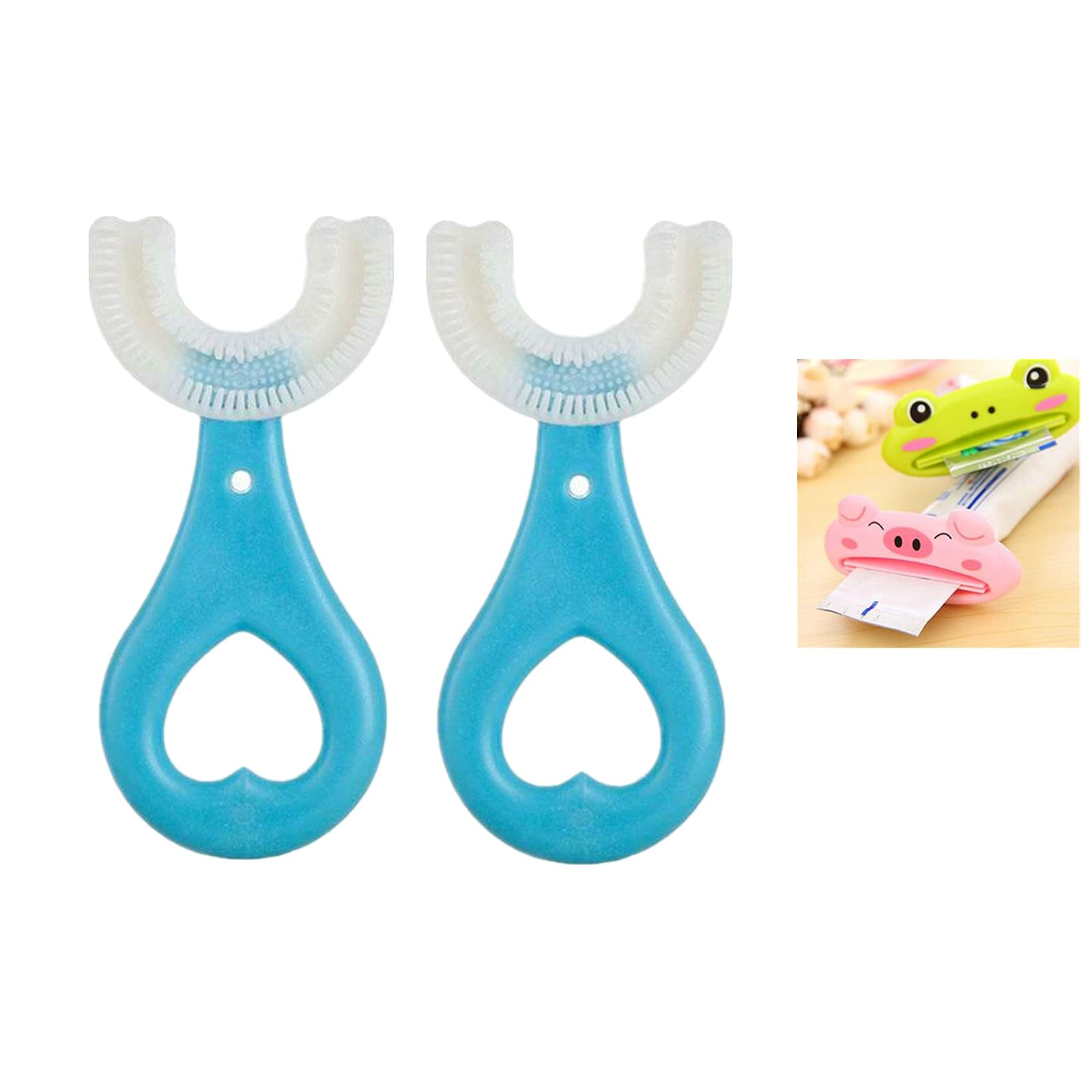 SDKJH cepillo de dientes para niños, U-Shaped Toothbrush for Kids, Manual Tooth Cleaner 360° Oral Cleaning Brushes with Cartoon Toothpaste Squeezer for 2-6 6-12 Years Old, Blue