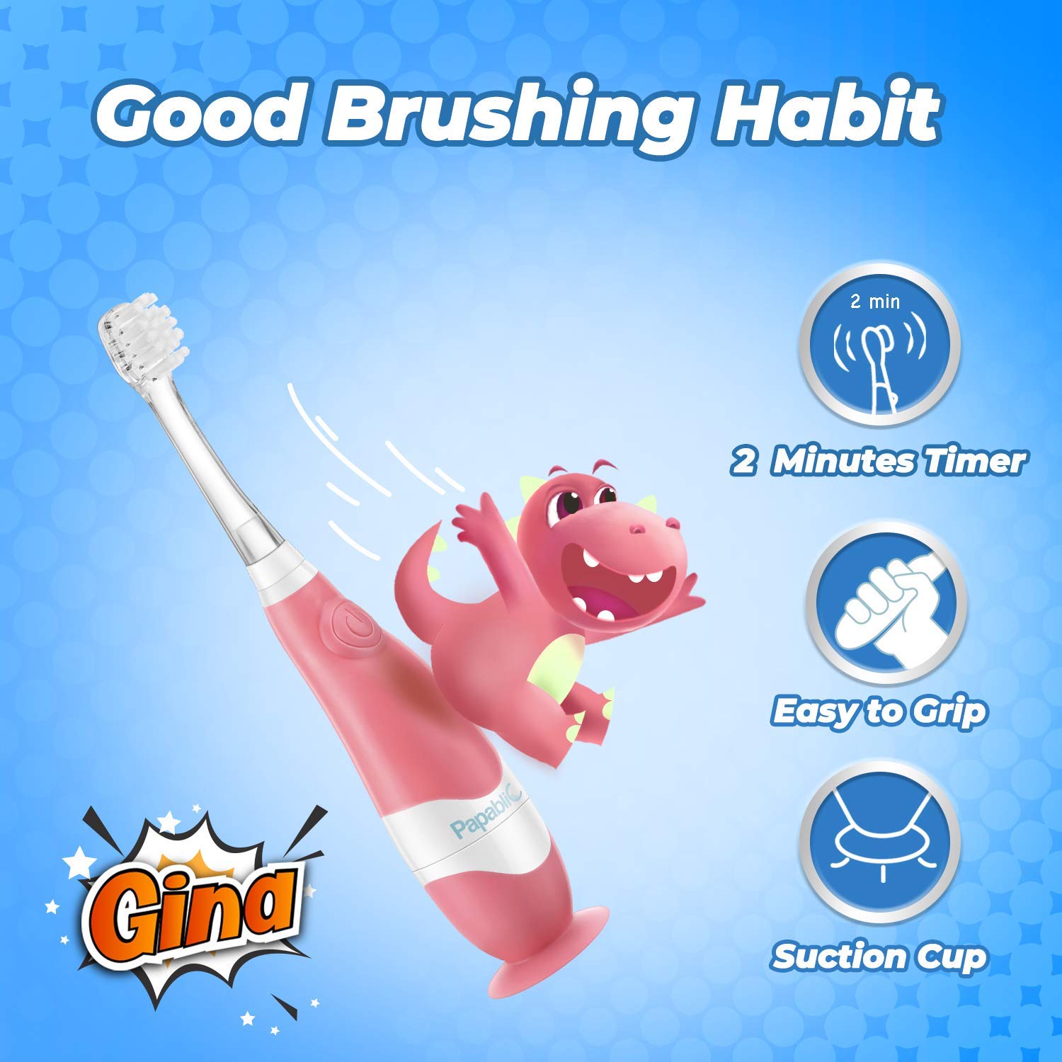 Papablic Dino Toddler Sonic Electric Toothbrush with Covers for Babies and Toddlers Ages 1-3 Years, Debby Bundle with Gina