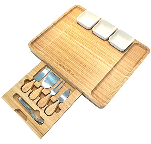 Cheese Board and Knife Set | Wine Board | Organic Bamboo Wood Charcuterie Platter Serving Board Cheese Tray with Cutlery | Perfect for Birthday, Housewarming & Wedding Gifts