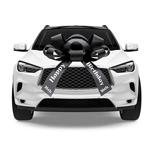 Big Car Bow with Happy 16th Birthday Message, Celebrate Sixteen Giant Gift Bow (Black Bow White Font)