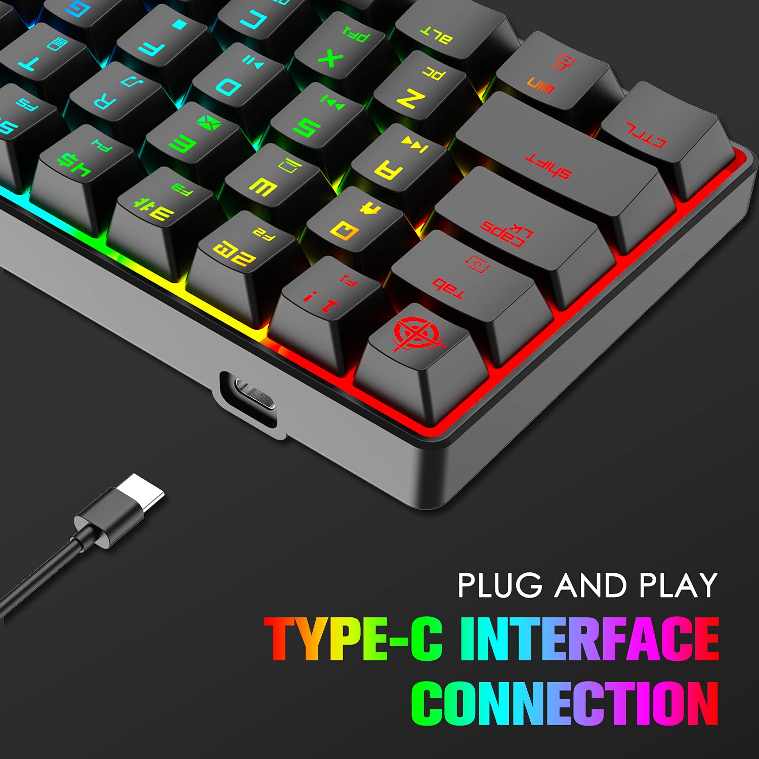 MAGIC-REFINER 60% Mini Mechanical Keyboard, MK14 Wired Gaming Keyboard with Chroma RGB Backlit,Clicky Blue Switch,NKRO 68Key No-Conflict,Ergonomic with Detachable USB-C Cable for Win/Mac/PC(Black)