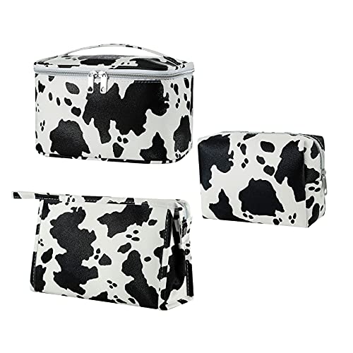 HooOriana Makeup Bag Set Cosmetic Bag 3 Pieces Small Makeup Bags for Women with Cow Animal Milk Mini Cute style Travel Pouch Bags