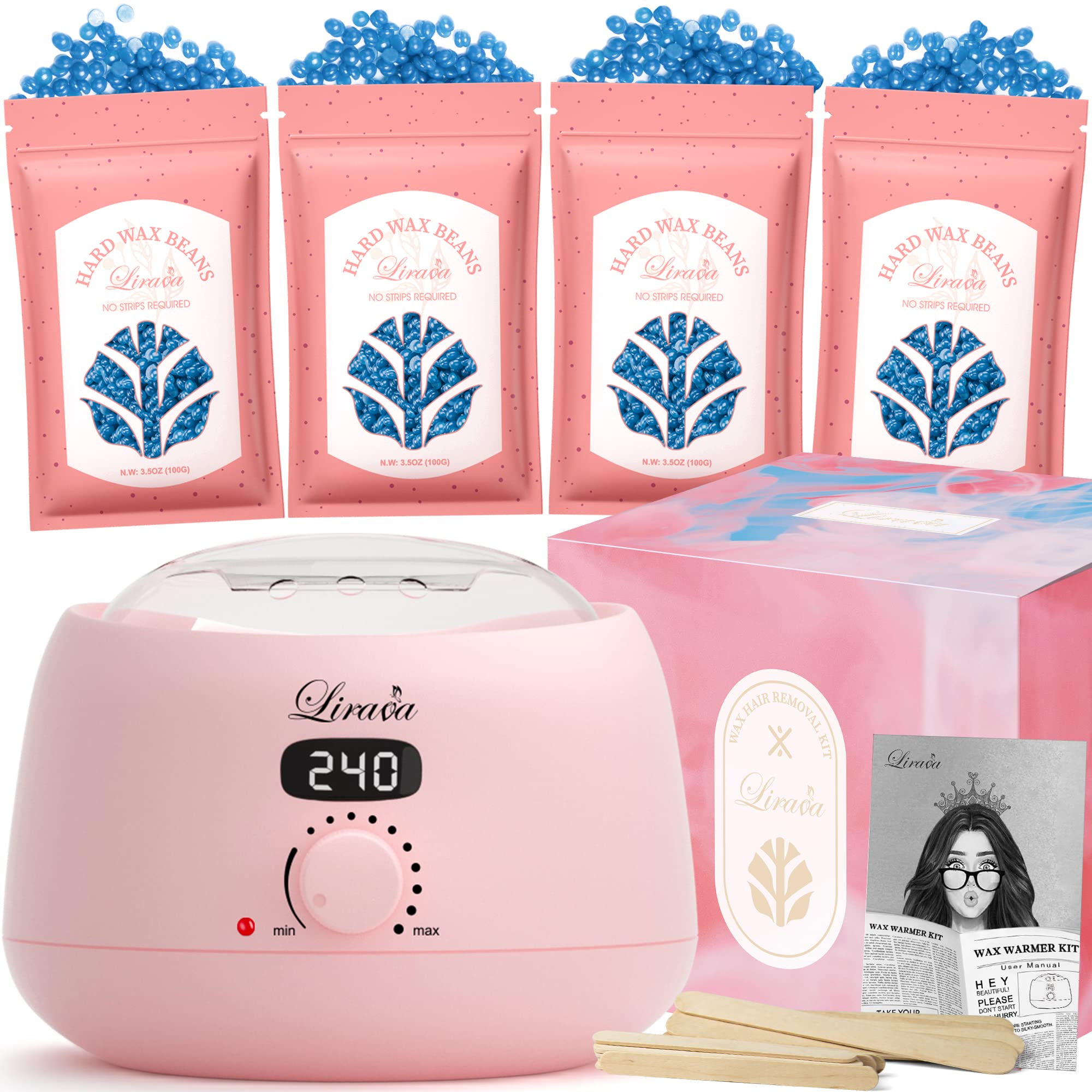Lirava Digital Wax Warmer Kit for Hair Removal, Waxing Kit for Women Men, At Home Hard Wax Kit for Sensitive Skin Brazilian Facial Hair Body with 4 Bags Wax Beads Target All Types of Hair
